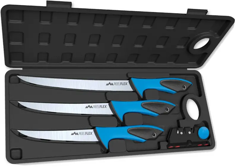 OUTDOOR EDGE REELFLEX FILET KNIFE SET 3/KNIVES SHARPNER CASE
